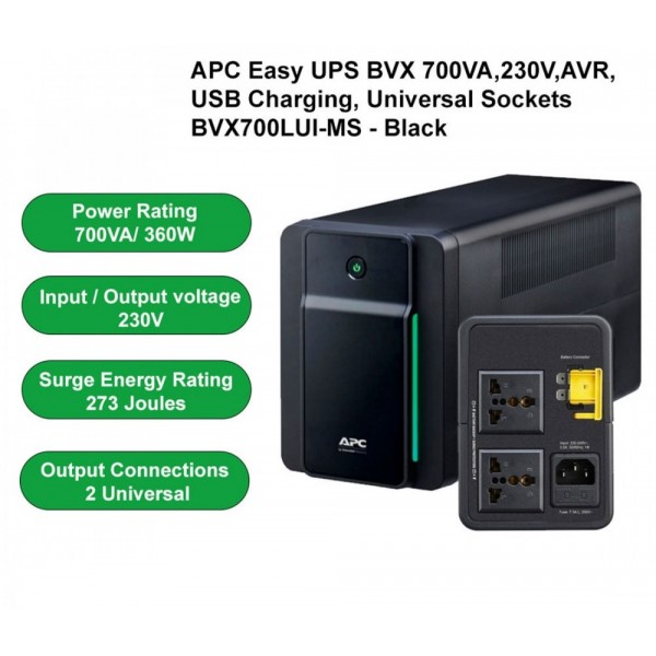 APC Easy Back-UPS 700VA, 230V, AVR, USB Charging, Univ Sockets BVX700LUI-MS